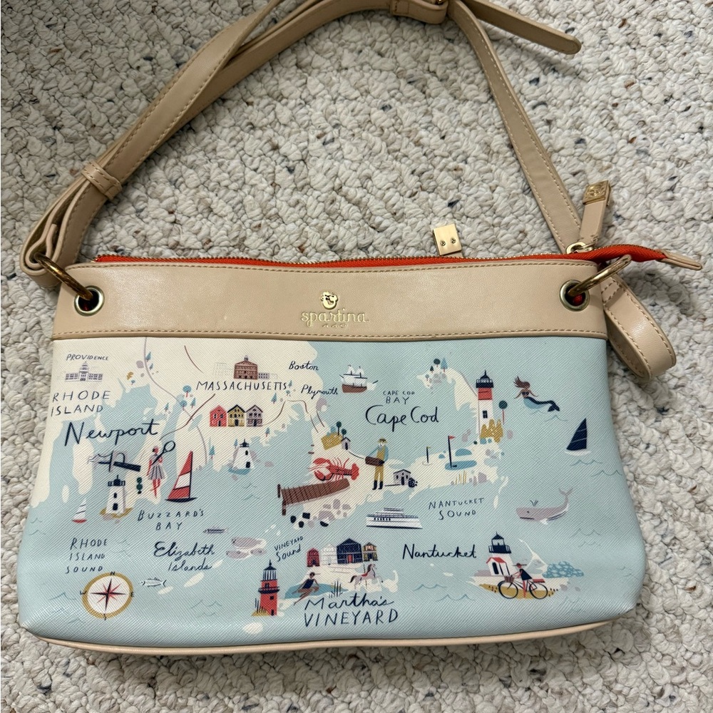 Spartina 449 Map Print Crossbody Bag - Beige And Blue - Gem